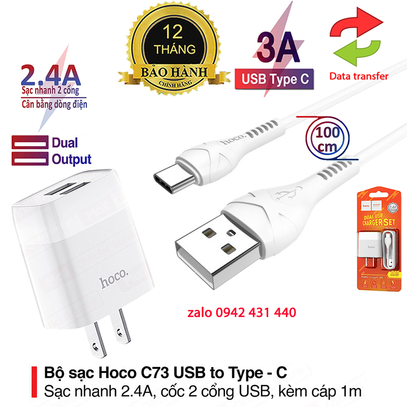 Bộ Củ Sạc Kèm Cáp Sạc Type-C Hoco C73 - 5V/2.4A - Bảo Hành Chính Hãng ...