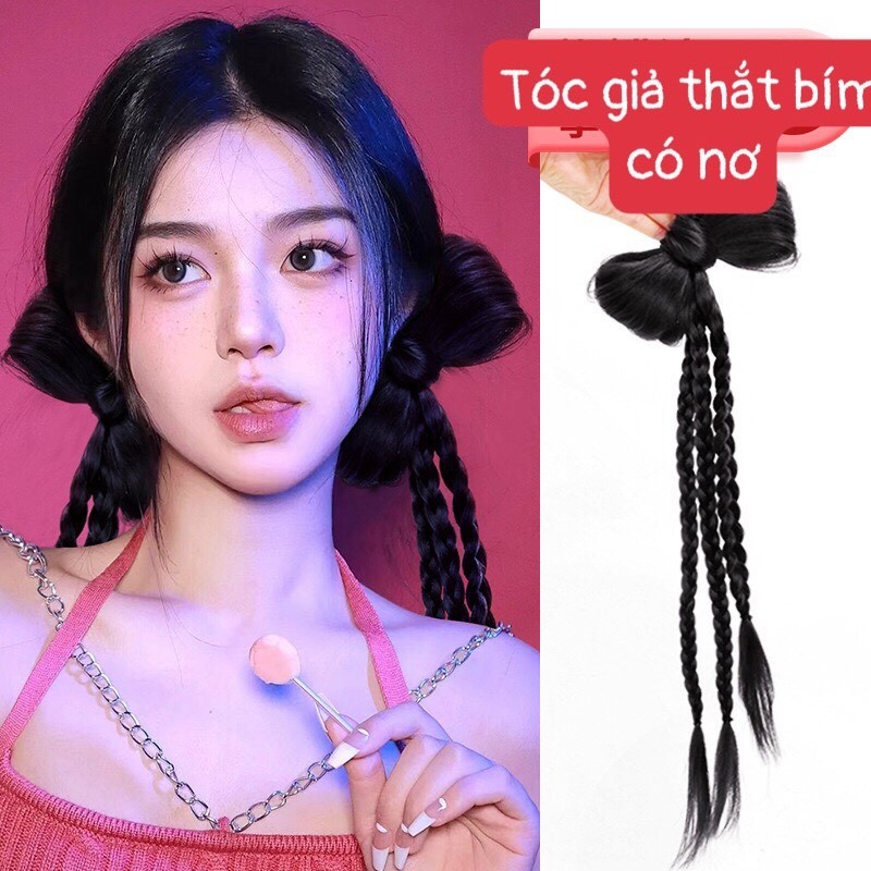 Tóc giả thắt bính gắn nơ cho nữ Jengiang, tóc tết giả thắt bím nơ dài ...