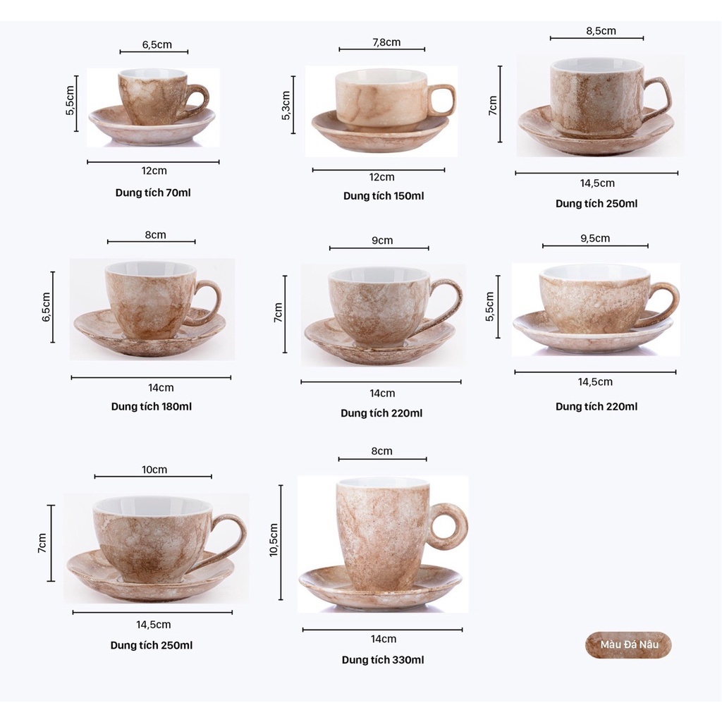 Bộ cốc tách cà phê vân đá kèm đĩa pha Capuccino, Espresso, Latte, dung tích 70ml, 180ml, 220ml ...