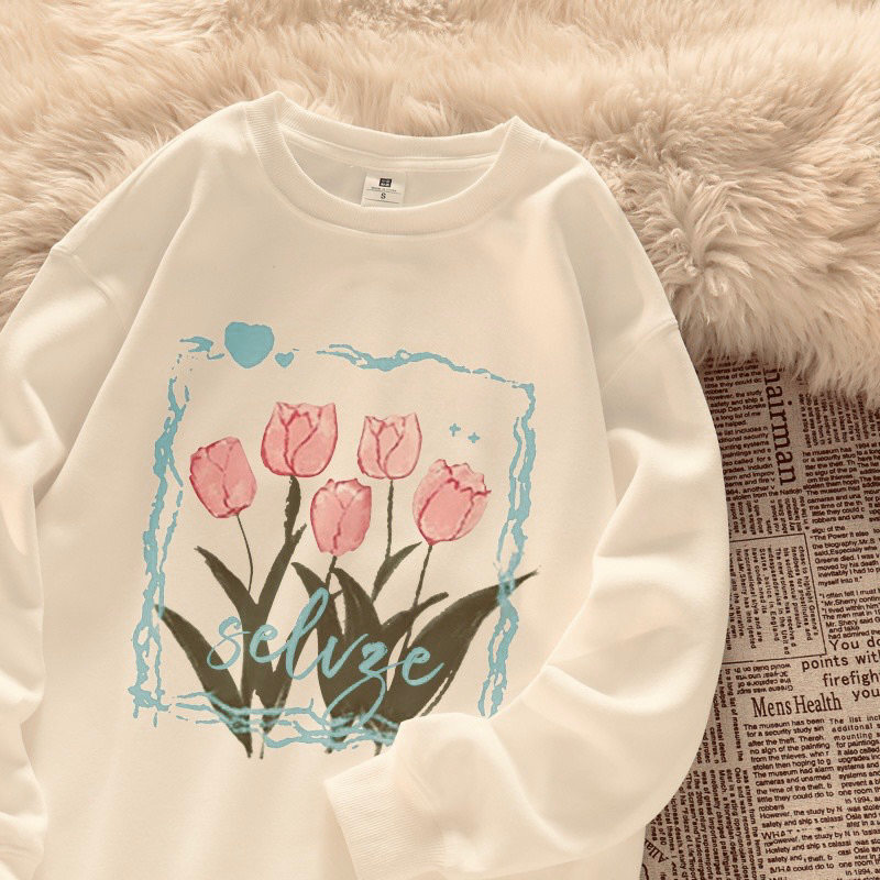 áo sweater nỉ dài tay cổ tròn in hoa tulip tuy luýp tulips nhiều mẫu dễ thương | Shopee Việt Nam