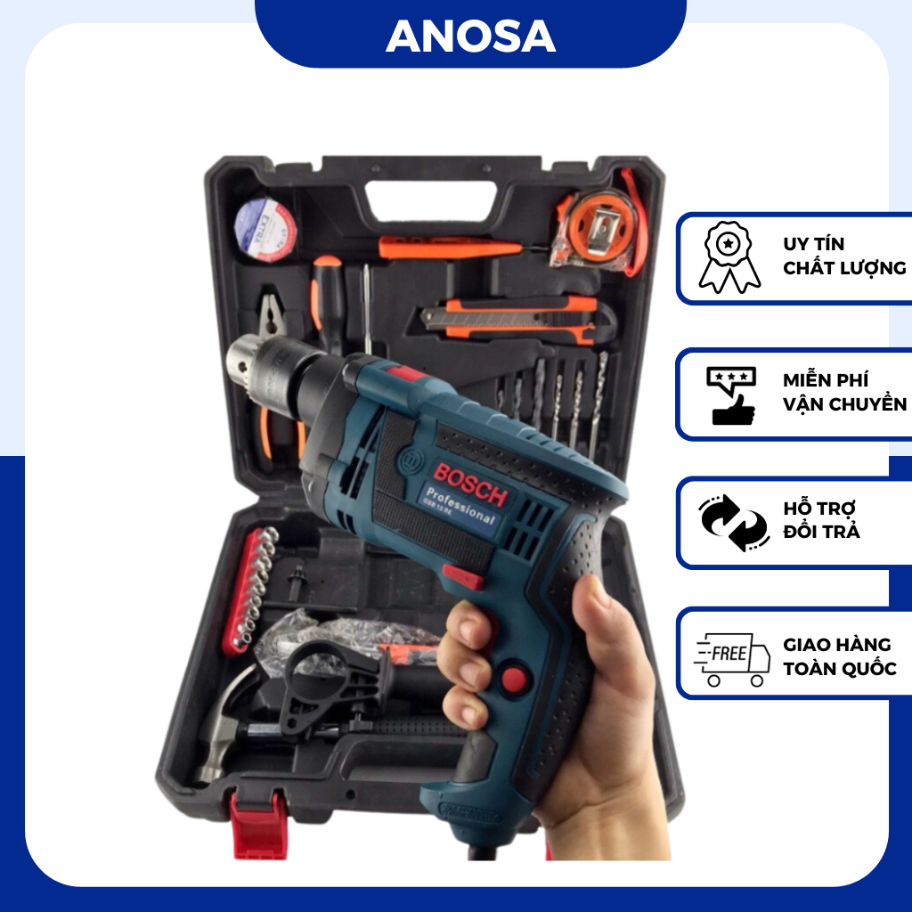 Máy khoan điện Bosh, máy khoan tường sắt gỗ 13 ly RE full đồ nghề gia ...