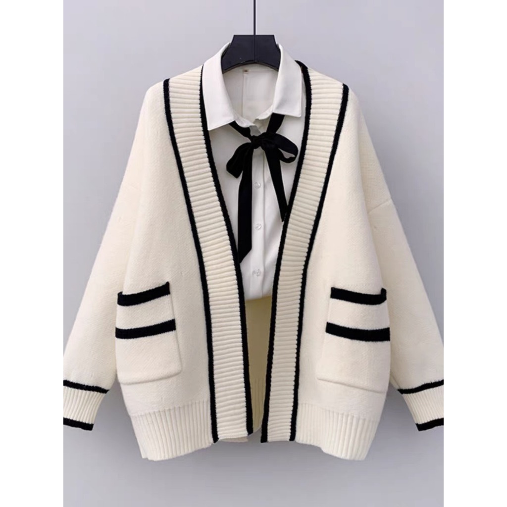 Áo Cardigan Len Nữ Dày Sọc Đen Trắng Có Túi, Áo Cadigan Kẻ Ulzzang Hàn ...