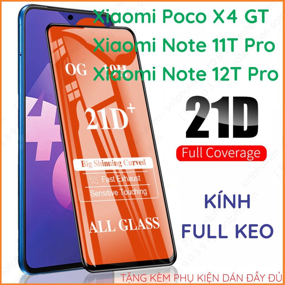 Kính cường lực Xiaomi Poco X4 GT / Redmi Note 11T Pro / Redmi Note 12T Pro full màn hình, không ...