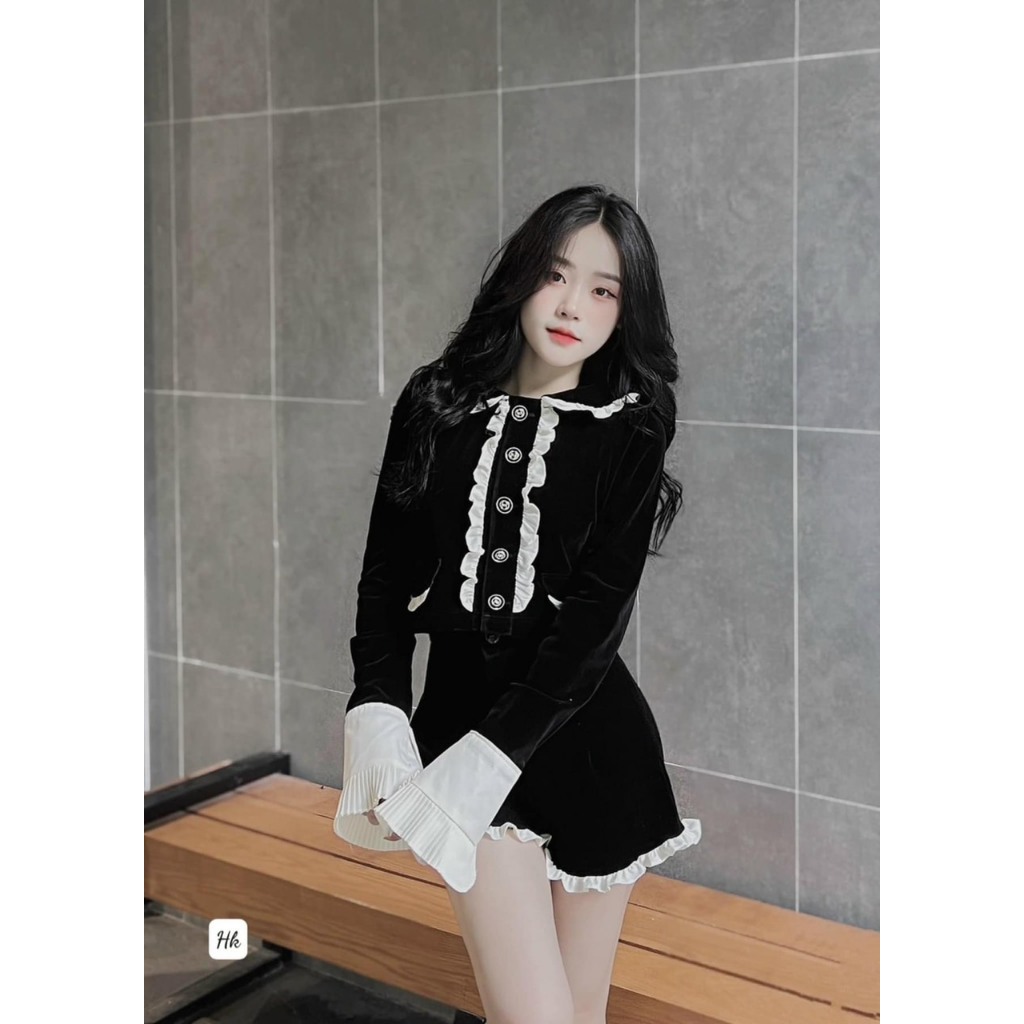 Set áo nhung dài kèm quần sooc nhung mix bèo trắng hàng loại 1, Set ...