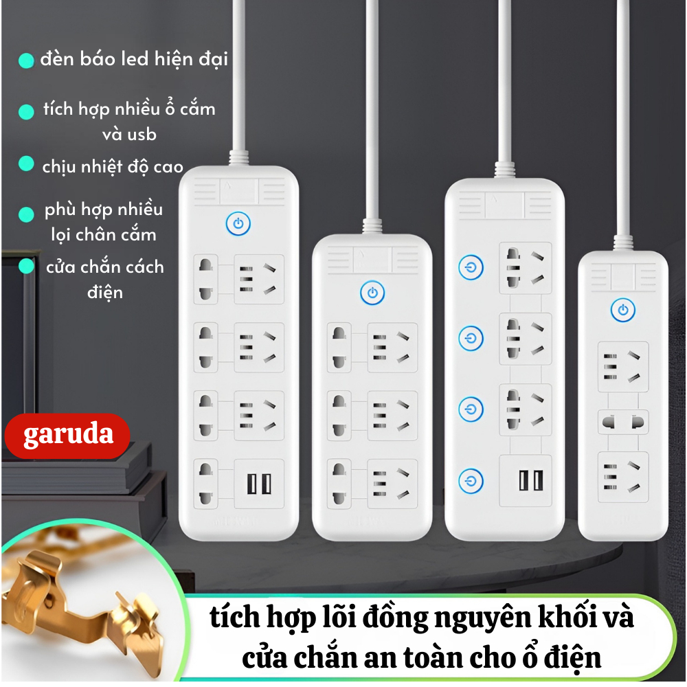 Ổ cắm điện đa năng thông minh GARUDA 2 cổng USB 15v sạc nhanh, chống cháy, ổ chịu tải 2500W ...