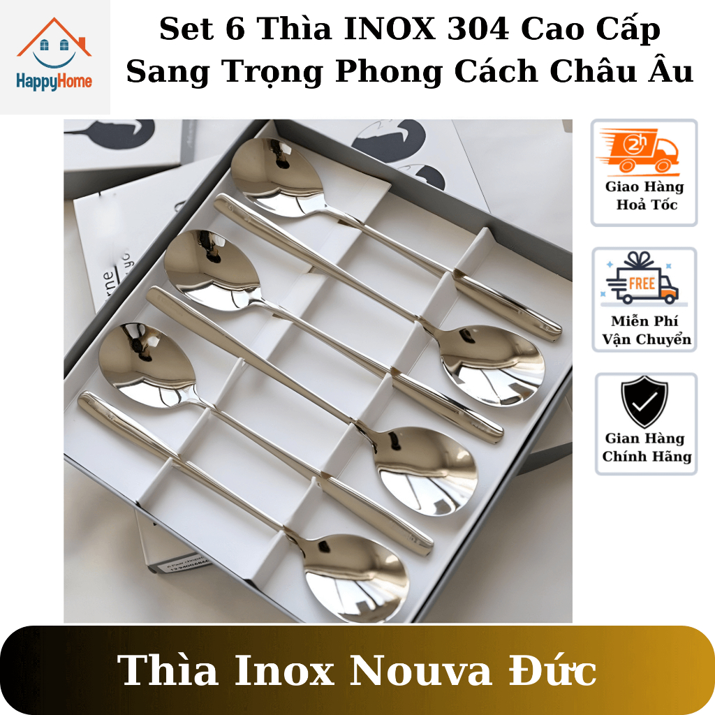 Set 6 thìa inox 304 Nouva Đức cao cấp, muỗng inox cán dài thiết kế sáng ...