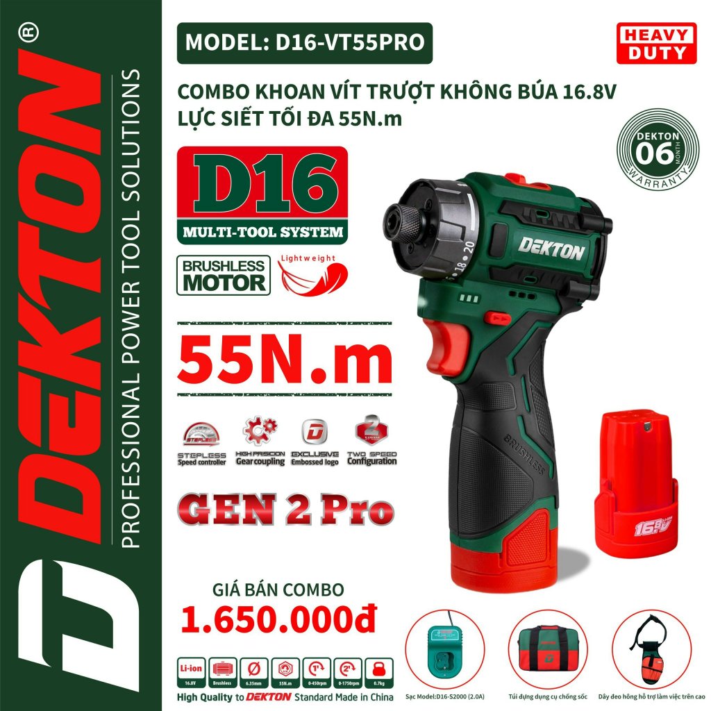 [D16-VT55PRO] Máy Vặn Vít Trượt 55Nm Dekton / Motor Brushless / Hệ Sinh Thái 16.8V Dekton ...