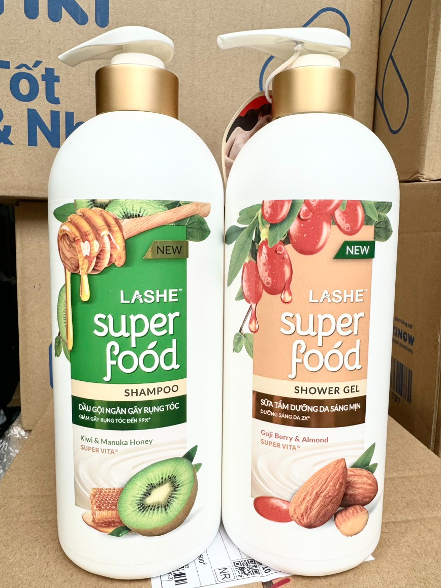 Dầu gội LASHE SUPERFOOD ngăn gãy rụng tóc 640G + Dầu xả LASHE SUPERFOOD ...