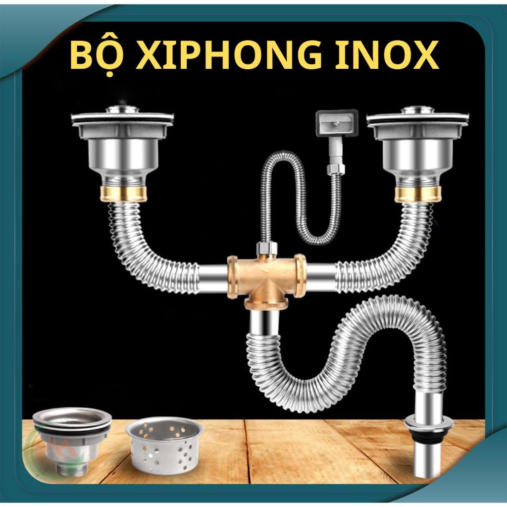 Bộ xả thoát nước, xiphong inox 304 dùng cho chậu rửa bát đôi, chậu rửa ...