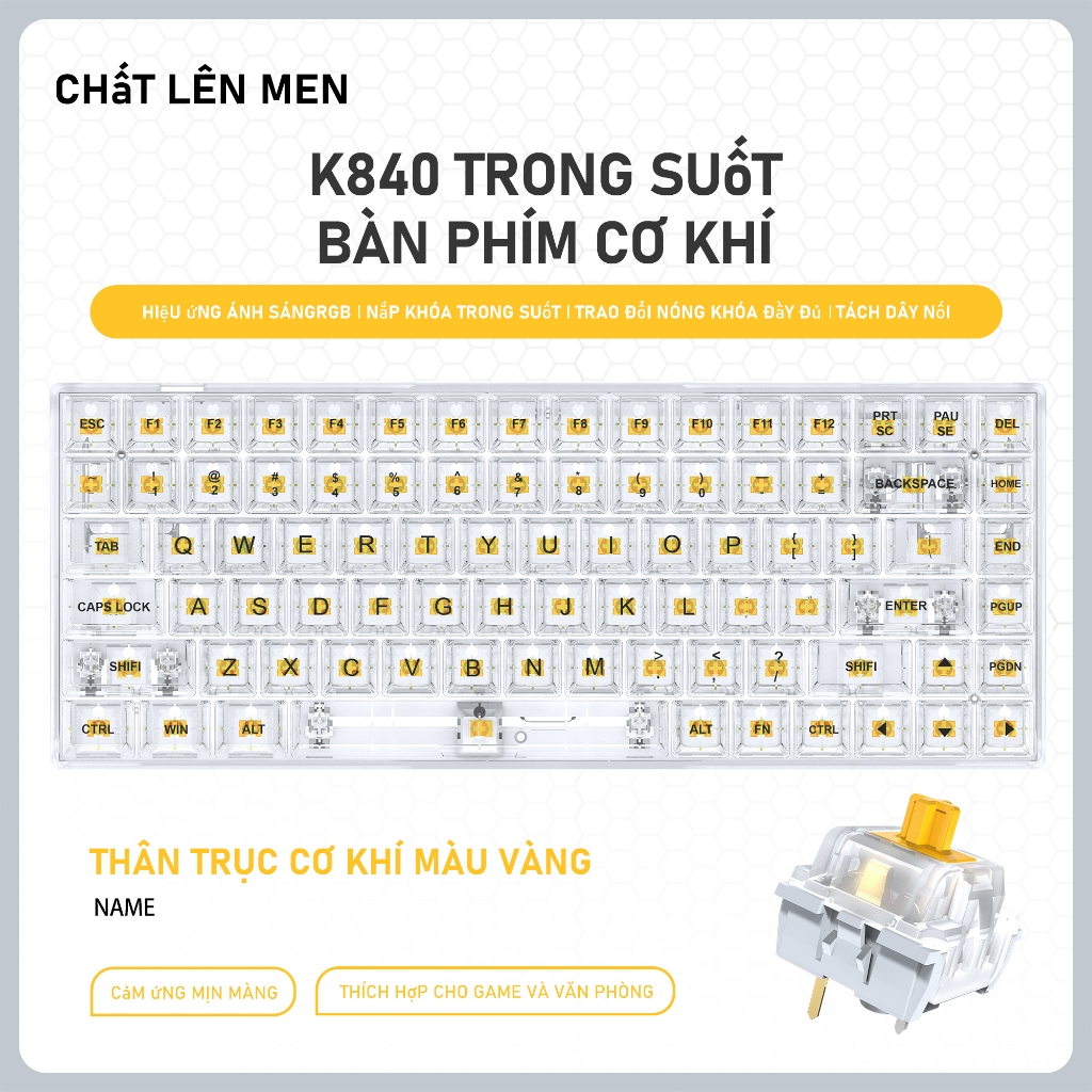 Bàn Phím Cơ Trong Suốt K840 PRO Esport Nâng Cấp LED RGB Trục Cơ，Trục xanh, trục đỏ, trục vàng ...