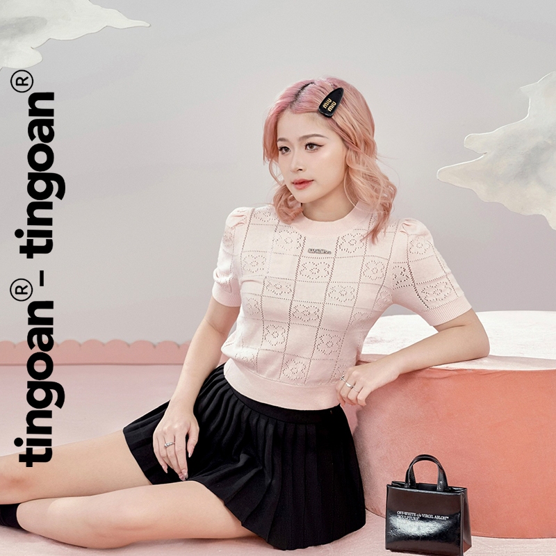 TINGOAN® - Áo len siêu mỏng hồng có logo TINGOAN® ngắn tay cổ tròn vân ...