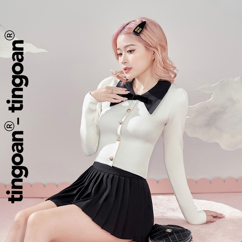 TINGOAN® - Áo len trắng dáng lửng dài tay vai bồng cổ bẻ đính nơ SOFIA ...