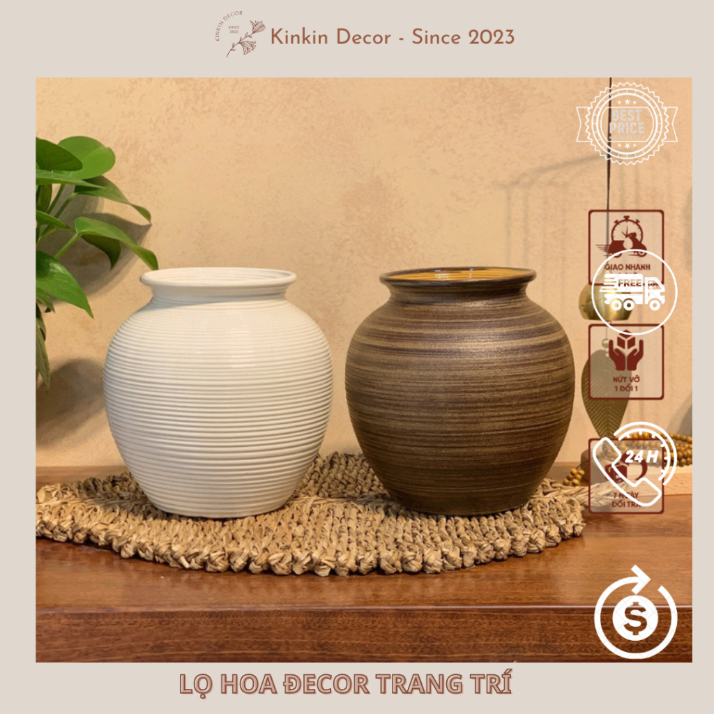 Lọ hoa decor vân ganh nổi men mộc gốm sứ Bát Tràng dáng vò tròn ...