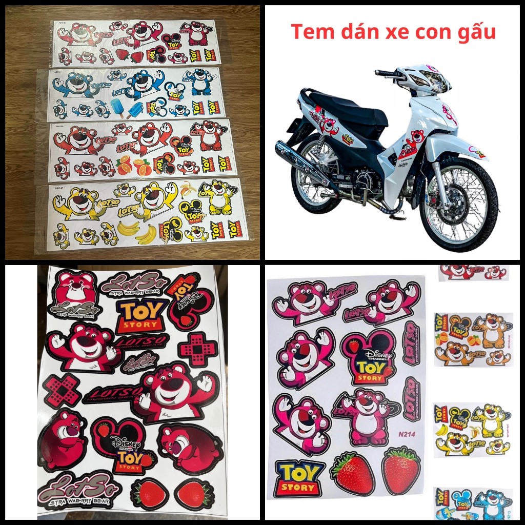 Tem gấu dâu to dán xe sirius, wave, vision, winner x, xe điện, | Shopee ...