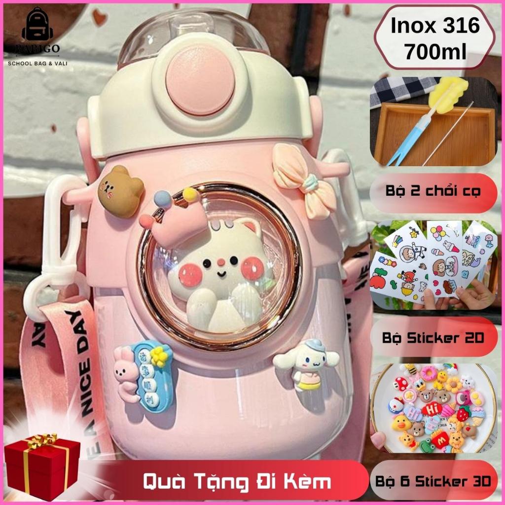 Bình nước giữ nhiệt trẻ em cho bé đi học INOX 316 700ml dễ thương có dây đeo tặng kèm sticker 2D ...
