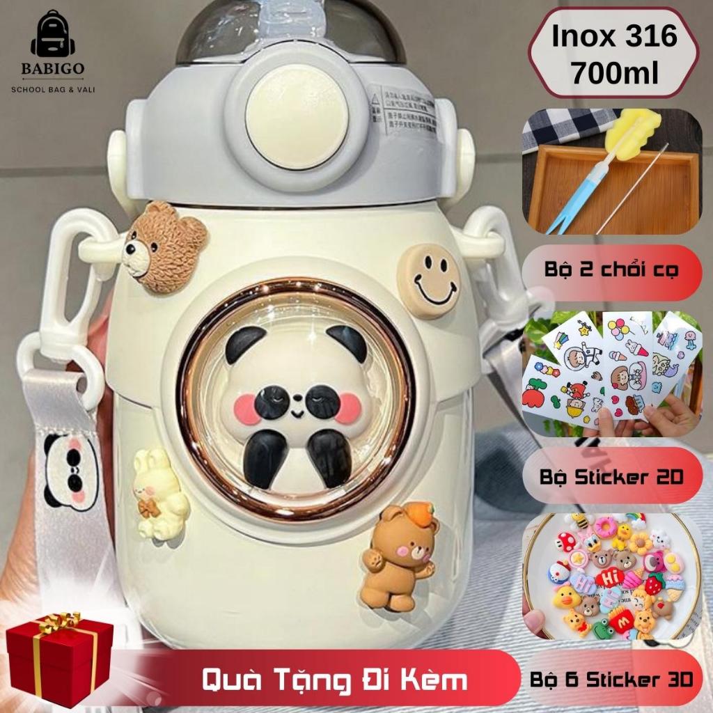 Bình nước giữ nhiệt trẻ em cho bé đi học INOX 316 700ml dễ thương có dây đeo tặng kèm sticker 2D ...