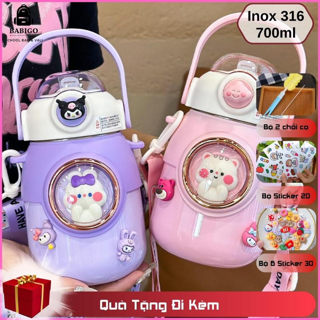 Bình nước giữ nhiệt trẻ em cho bé đi học INOX 316 700ml dễ thương có dây đeo tặng kèm sticker 2D ...