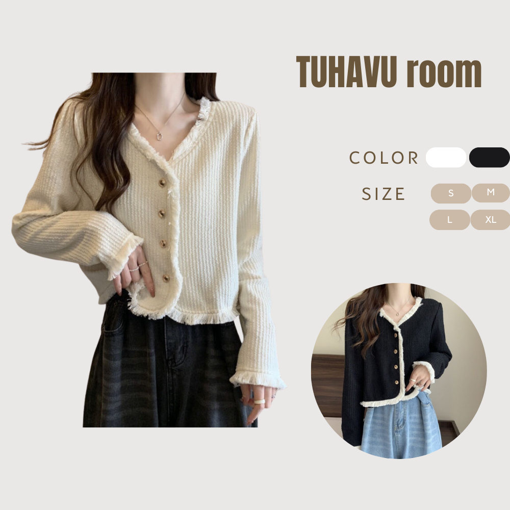 Áo khoác dài tay cổ V phối tua rua | Shopee Việt Nam
