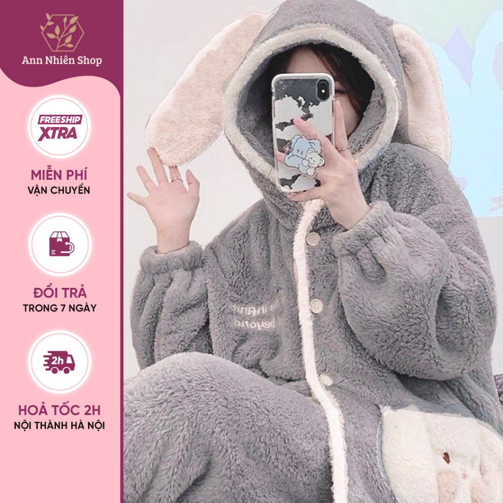 Bộ Đồ Ngủ Lông Cừu Thỏ Xám nhạt ANN NHIÊN Dày Dặn, Mềm Mịn, Dễ Thương ...