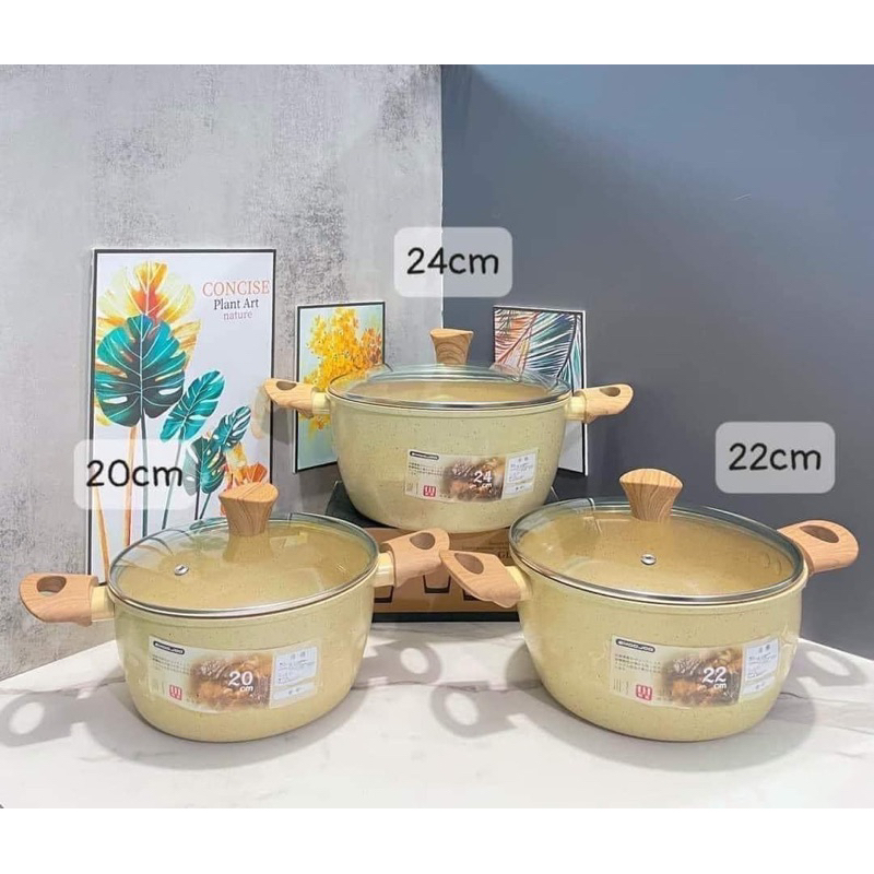 Nồi Chảo EMooJoo xuất nhật 20cm - 22,cm - 24,cm - 26,cm - 28,cm nắp kính Chống dính vân đá, tay ...