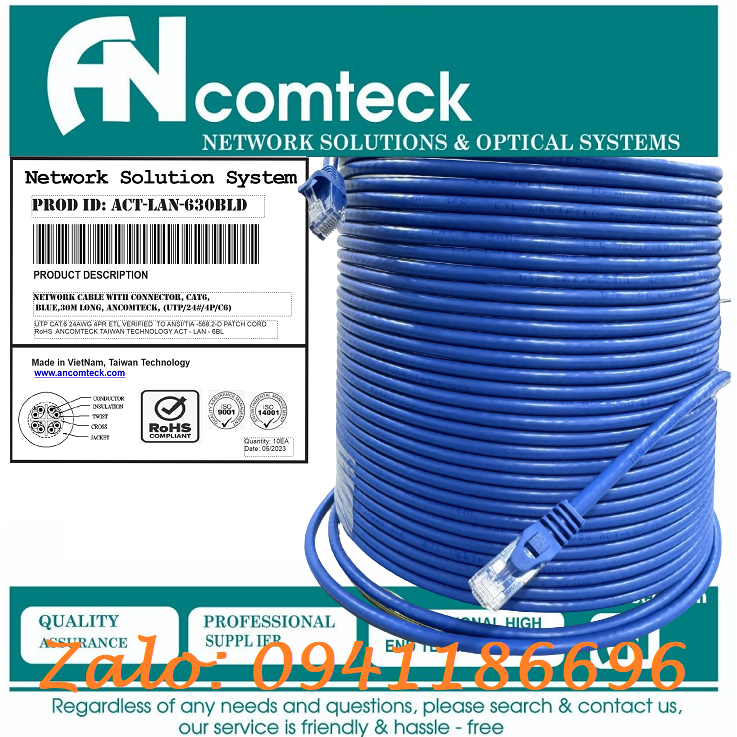Dây nhảy PATCH CORD CAT6 UTP 30M lõi đồng 100%, pass Fluke , đầu đúc ...