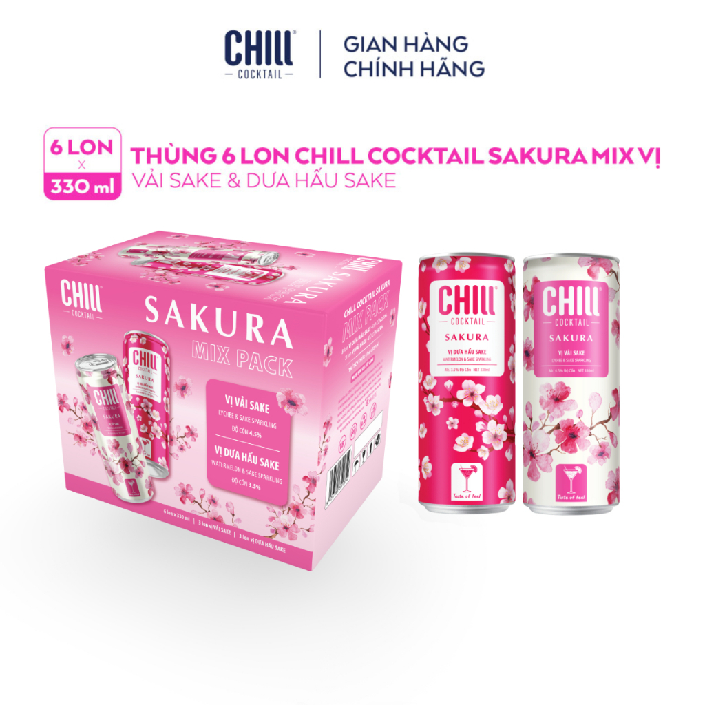 Thùng 6 lon Chill Cocktail Sakura mix vị Vải Sake & Dưa Hấu Sake (330ml ...