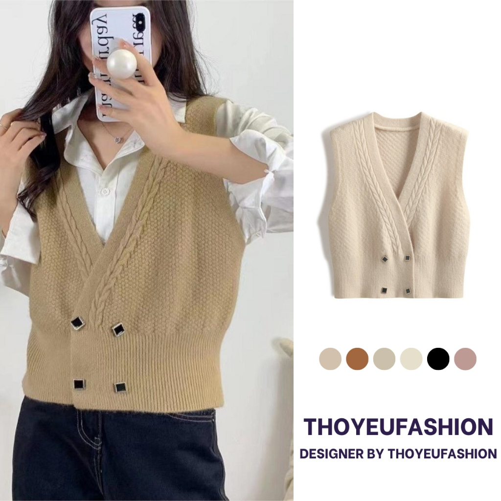 Áo Len Gile Cổ V Len Lông Thiết Kế Vạt 4 Khuy Vuông, Ghile Dệt Kim ...