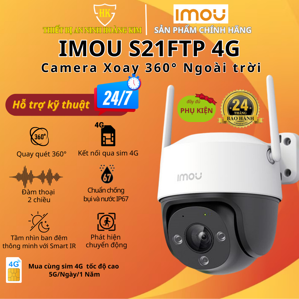 Camera Wifi Ngoài trời DÙNG SIM 4G IMOU S21FTP 2MB 1080P Màu Đêm, Xoay ...