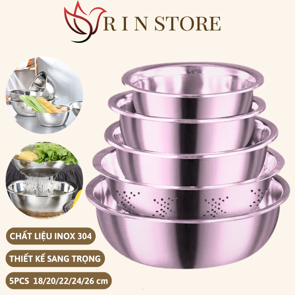 Bộ Thau Rỗ Inox 304 Không Gỉ 5 Món Rổ Chậu Cao Cấp Rửa Rau Củ Quả Inox Dày Đẹp Sáng Bóng Nhiều ...