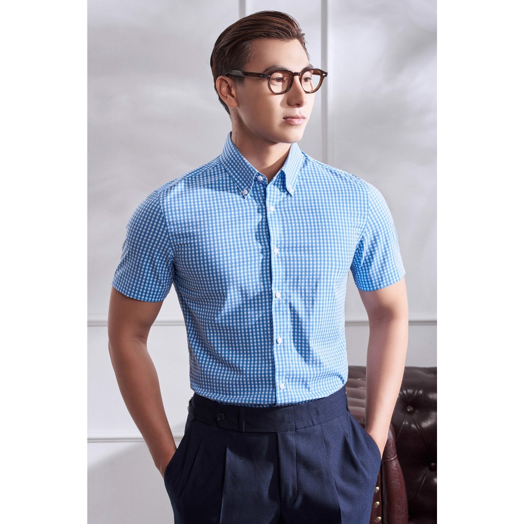 SƠ MI NAM ADAM STORE NGẮN TAY XANH DƯƠNG CARO SNC006XD | Shopee Việt Nam