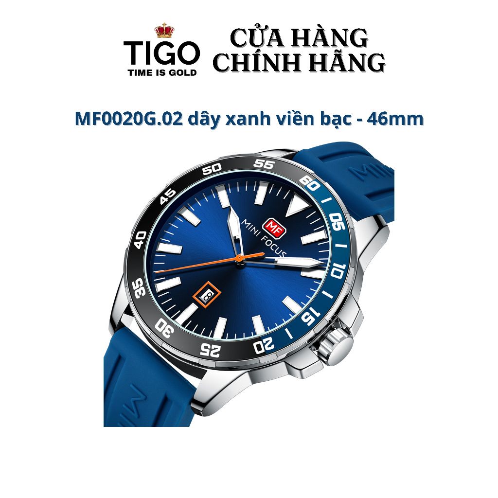 Đồng Hồ Nam MINI FOCUS MF0020G.02 Dây Silicone Xanh Viền Bạc Thép Không Gỉ Mặt Tròn 46mm ...