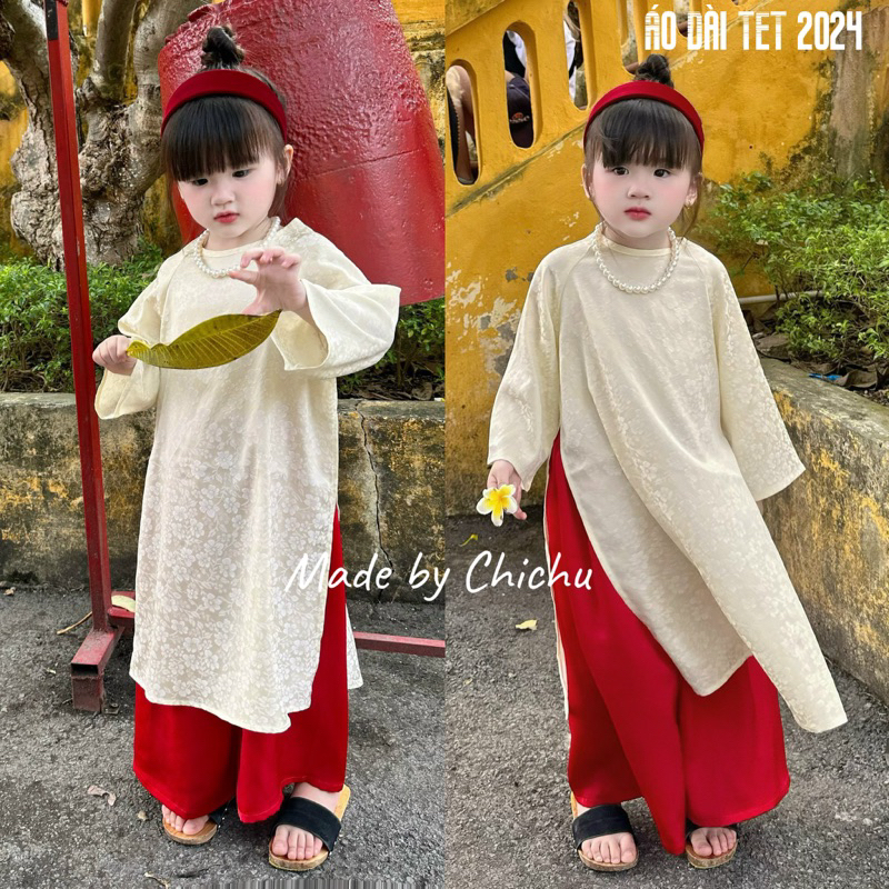 Áo Dài Tết Bé Gái Chichu Mợ Hai Cách Tân Lụa Gấm Hoa Trắng đỏ Mùa Lễ Tặng Bờm Nhún Và Dây Ngọc