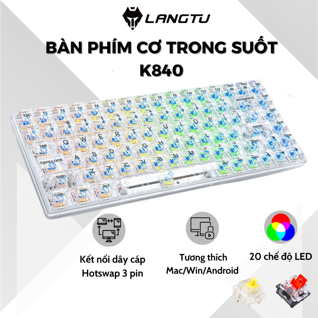Bàn Phím Cơ TKL 84 Phím Trong Suốt K840 - LED Rainbow - Yellow Switch & Red Switch - Có Hotswap ...