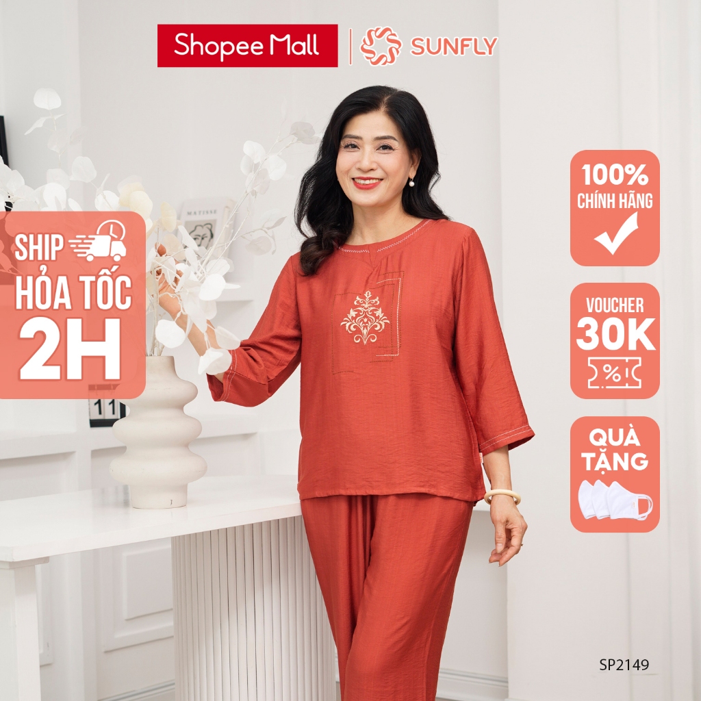 Đồ Bộ Mặc Nhà Nữ Linen SUNFLY Áo Tay Lỡ Quần Dài SP2149 | Shopee Việt Nam