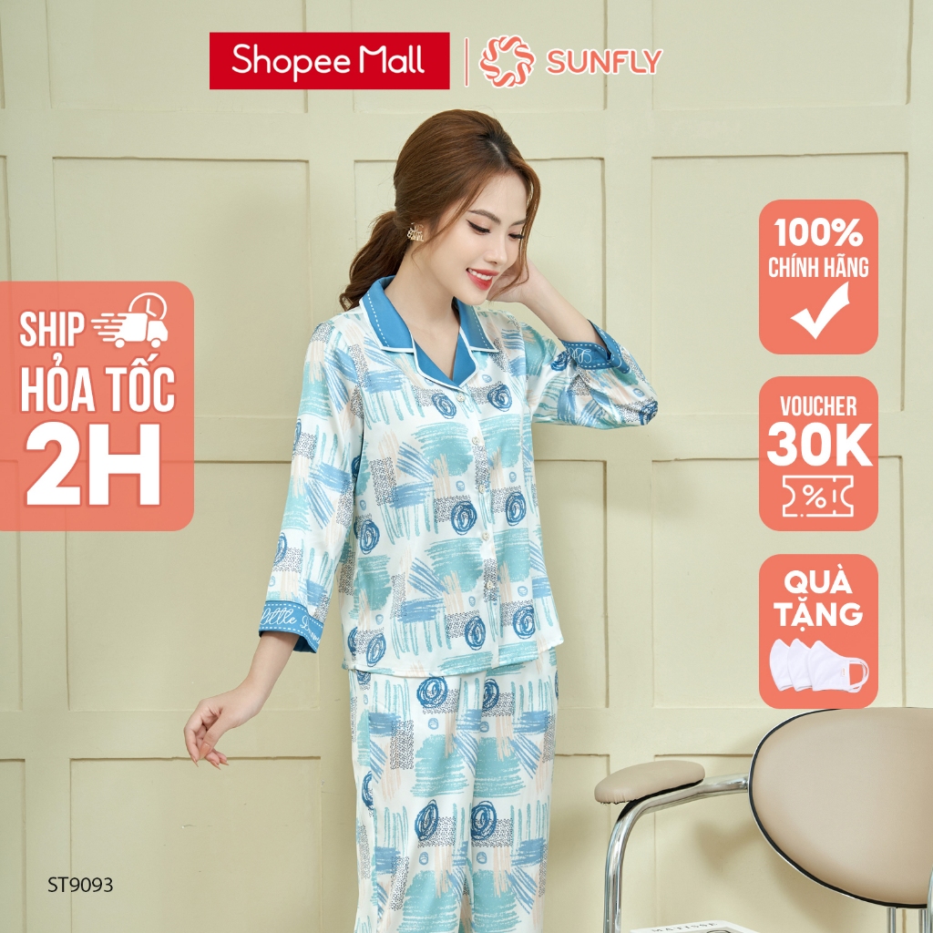 Bộ đồ mặc nhà nữ pyjamas SUNFLY lụa in áo tay lỡ quần dài ST9093 ...