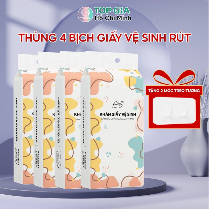 Khăn giấy rút Top Gia treo tường 6 gói, giấy vệ sinh đa sắc 1280 tờ, dập vân 4D, siêu dai và mềm ...