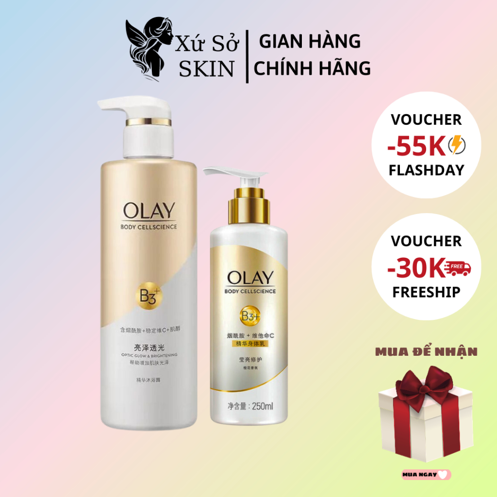 Combo OLAY sữa tắm B3+Vitamin C 500ml + LOTION 250ml siêu dưỡng trắng da, cấp ẩm và đàn hồi cho ...