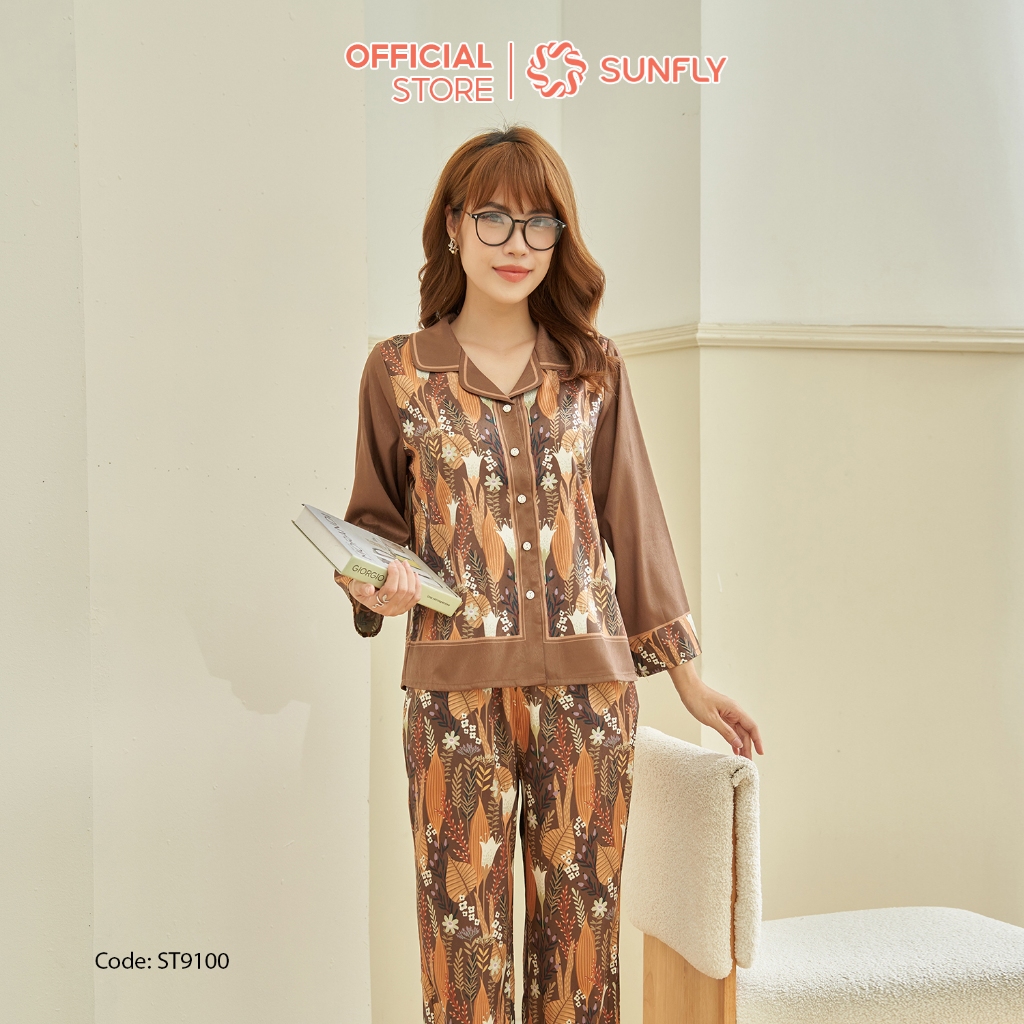 Bộ pijamas lụa SUNFLY áo tay lỡ dài quần dài ST9100 | Shopee Việt Nam