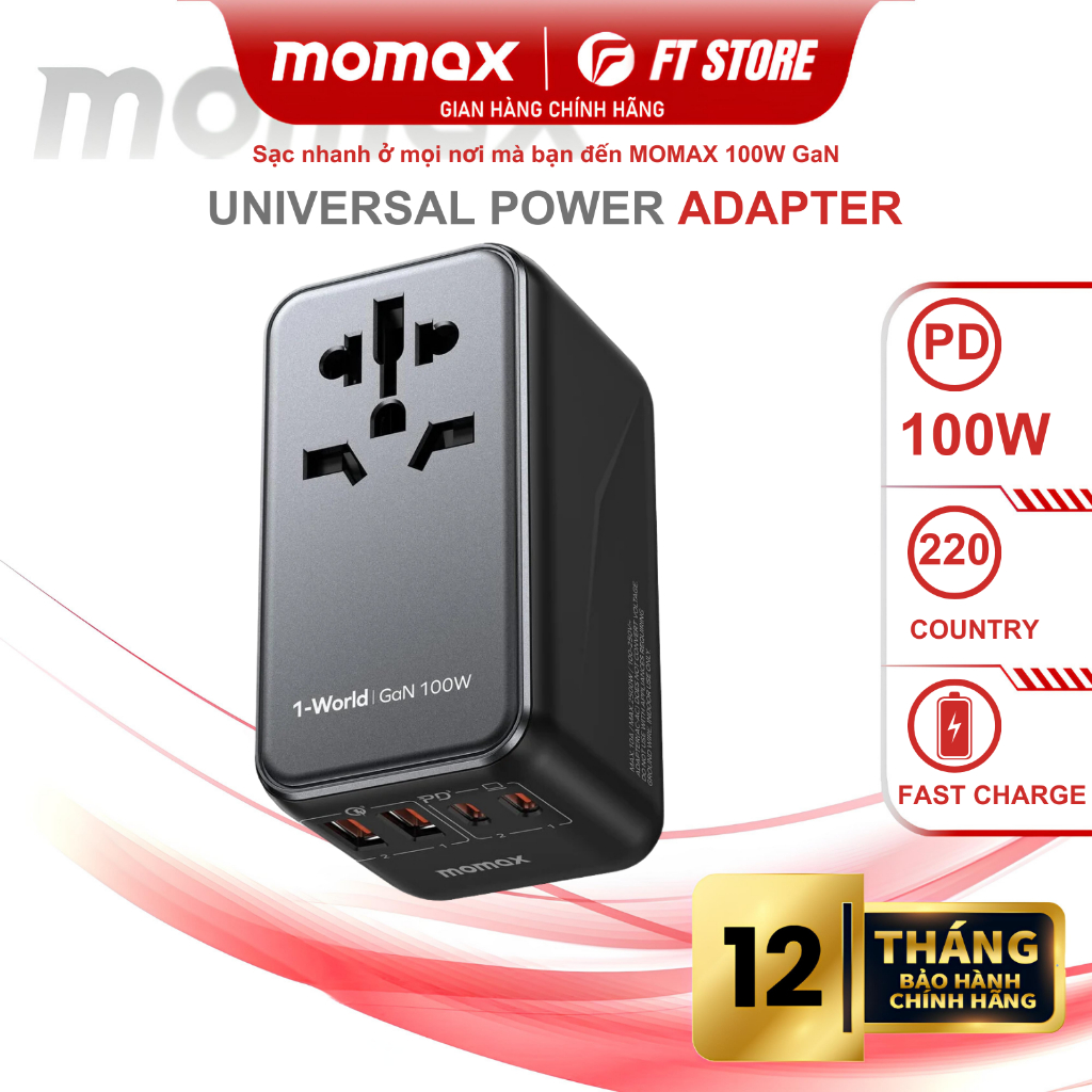 Bộ sạc du lịch Momax UA10 1-World 100W GaN 4 Ports + AC 100-250V 2500W sạc nhanh phù hợp với ổ ...