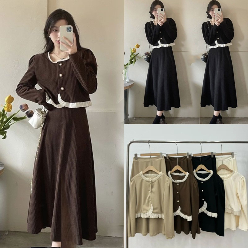 SET ÁO CỔ BÈO KHUY NGỌC KÈM CHÂN VÁY XOÈ style Ulzzang | Shopee Việt Nam