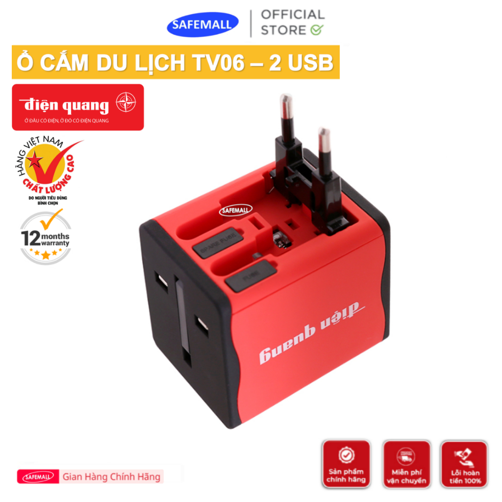 Ổ cắm du lịch Điện Quang ĐQ ESK TV06 2U (2 cổng USB) mầu Xanh - Đỏ Bảo ...