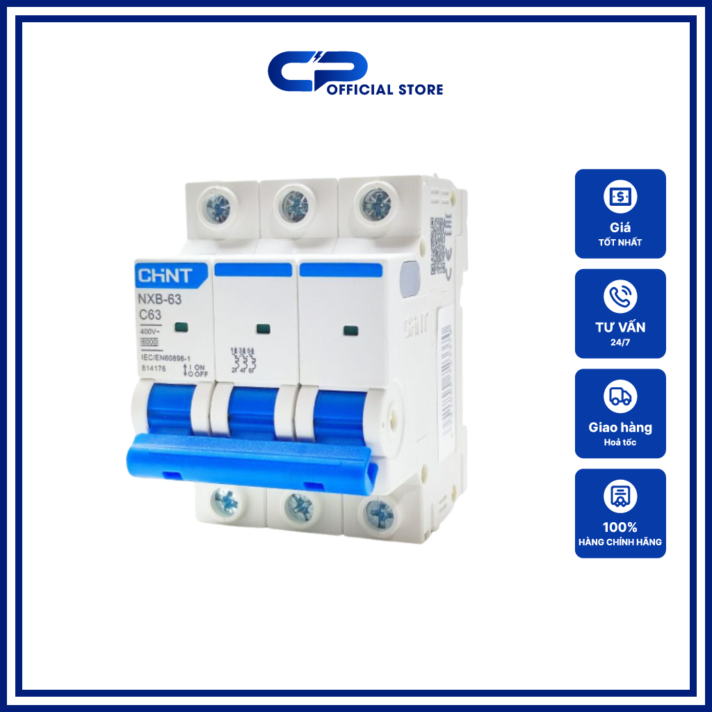 Aptomat MCB 3 Pha cài ray Chint NXB-63 6A, 10A, 16A, 25A, 32A, 40A, 50A, 63A Dòng Cắt 6KA chính ...