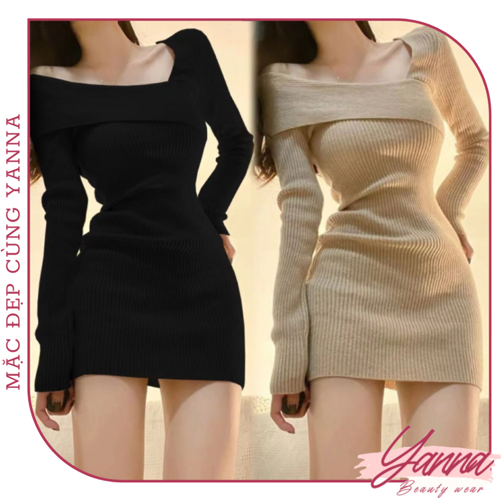 Váy len body, đầm len ôm body vạt chéo trễ vai, dài tay sexy tôn dáng ...