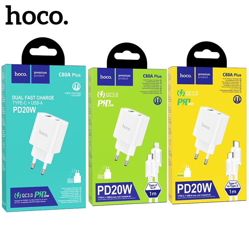 Bộ sạc dây nhanh 20w Hoco C80a Plus có 2 cổng USB + Type-C, QC3.0 + PD20w, chân cắm tròn ...