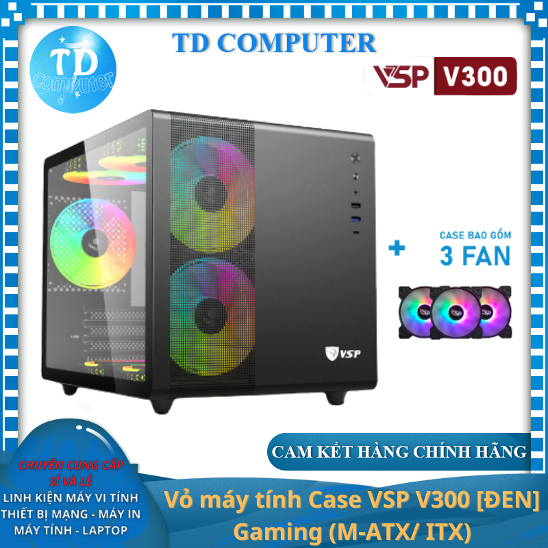 Vỏ máy tính Case VSP V300 [ĐEN] sẵn 3 Fan LED ARGB Gaming Kính cường lực (M-ATX/ ITX) - Hàng ...