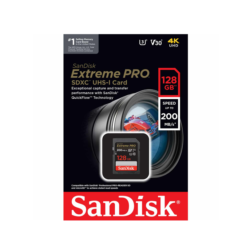 Thẻ nhớ máy ảnh SDXC SanDisk Extreme Pro 128GB UHS-I U3 4K V30 đọc 200MB/s ghi 90MB/s (Đen) phụ ...