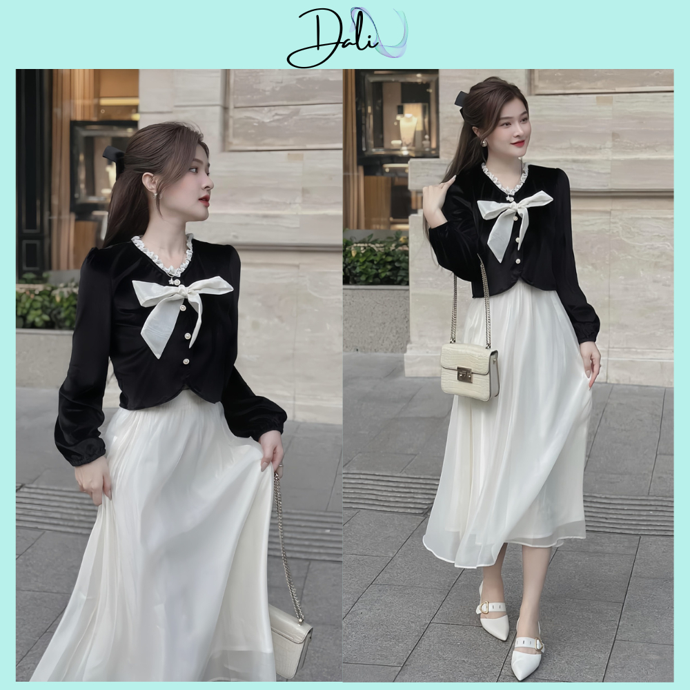 Set Áo Nhung Viền Bèo Cổ Nơ + Chân Váy Voan Dáng Dài 2 Lớp, Set Đầm ...