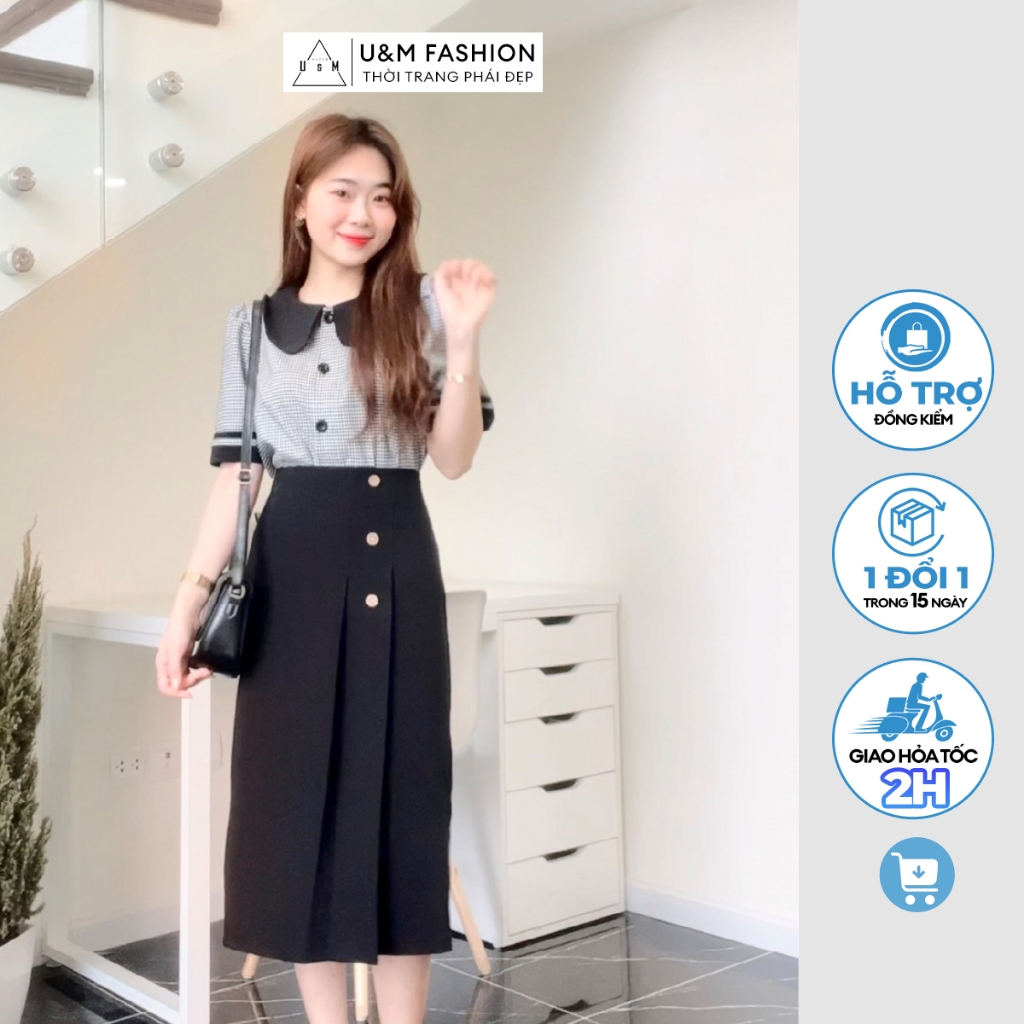 Set chân máy midi đính 3 khuy phối áo sơ mi công sở phối cổ sen chất ...