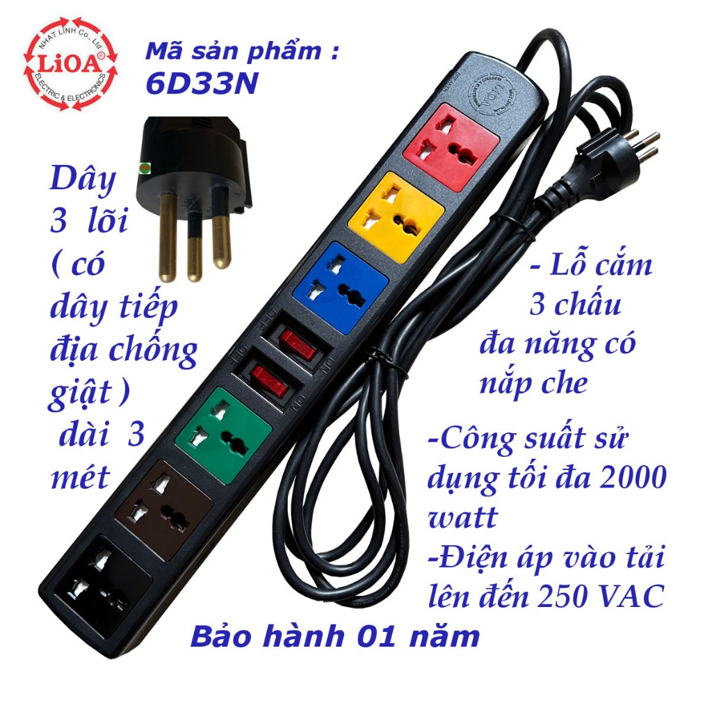 Ổ cắm điện 6 lỗ 3 chấu có dây tiếp đất LIOA 6D33N 2 công tắc công suất 2000 watt dây dài 3 mét ...