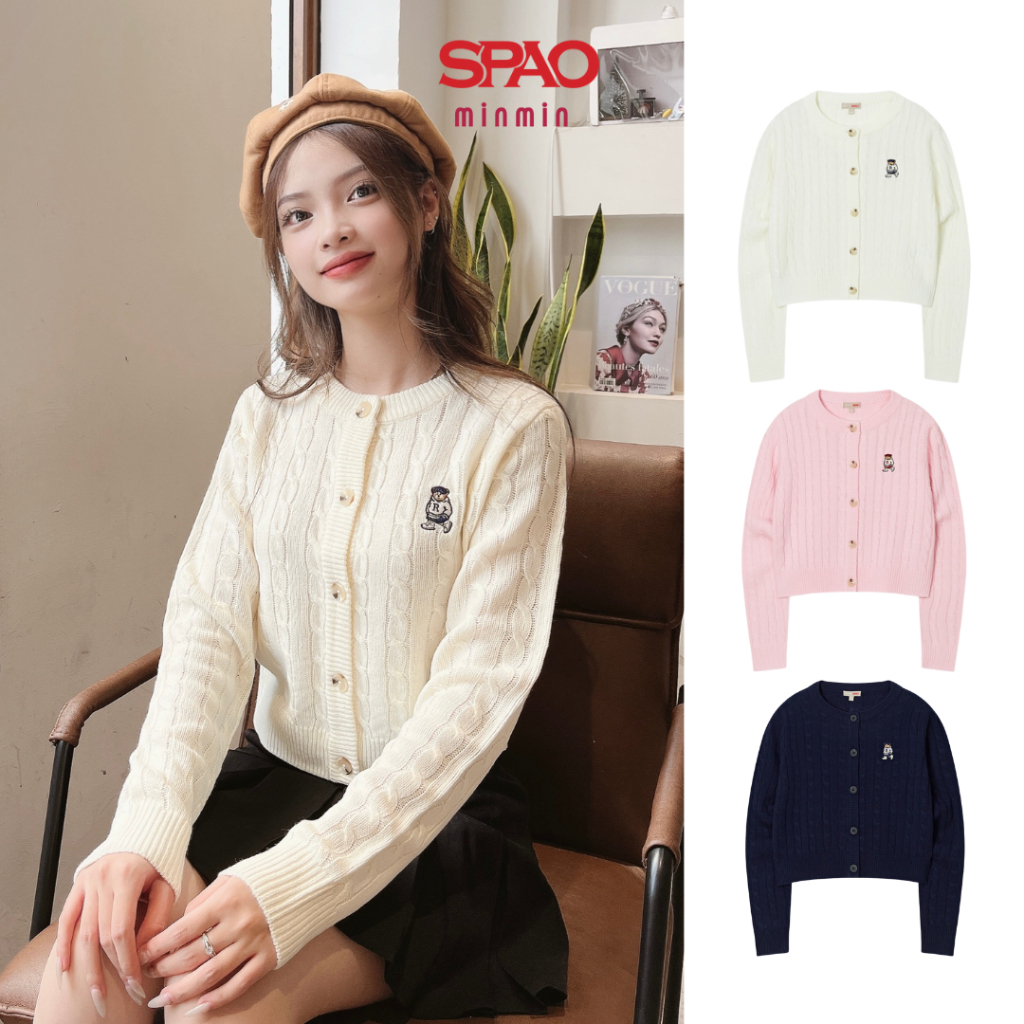 [AUTHENTIC 100%] Spao Korea áo cardigan len nữ dài tay thêu nổi gấu ...